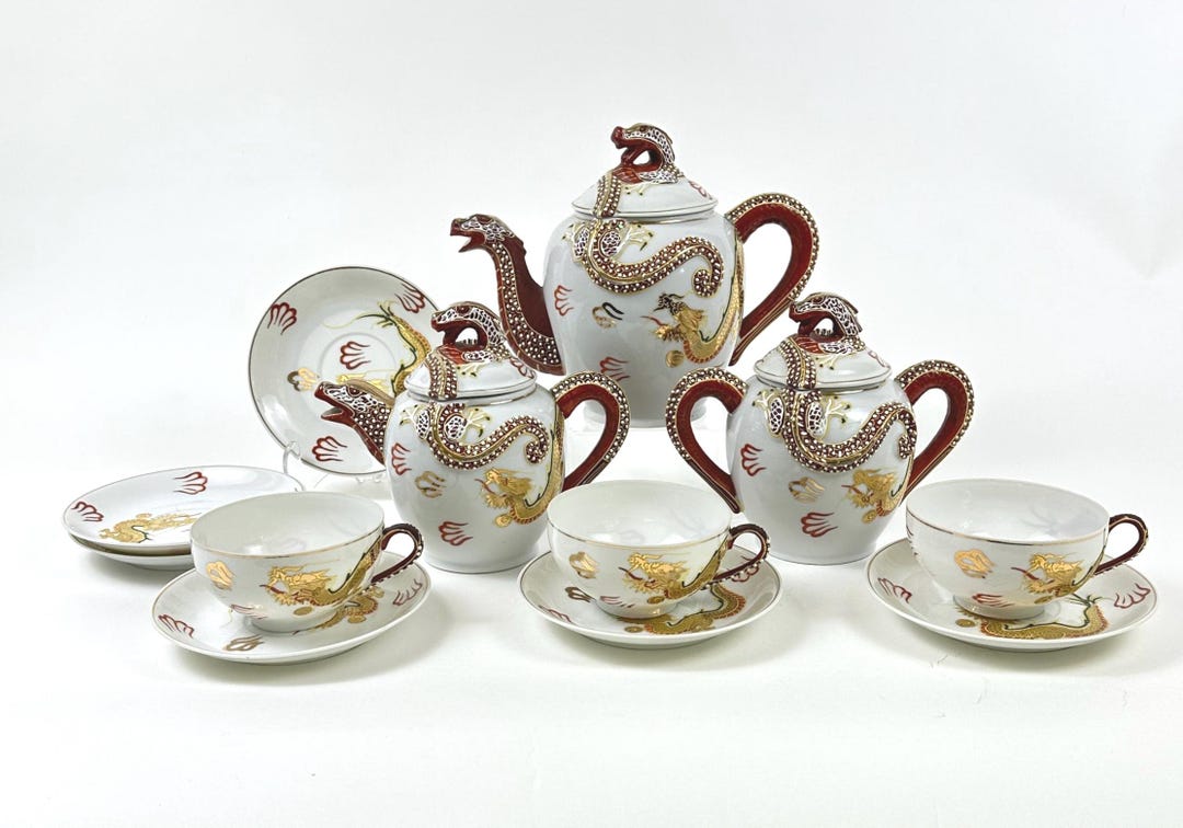 Vintage Japanese Dragon Moriage Tea Set with Lithophane Geisha Cups ...
