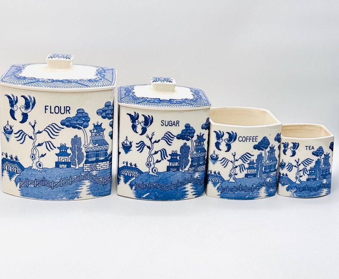 Vintage Blue Willow Ceramic Canister Set Set of 4 Mid Century Kitchen ...