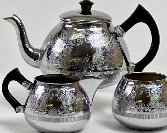 Vintage Swan Brand "the Carlton" Cromalin 3 Piece Tea Set - Teapot ...