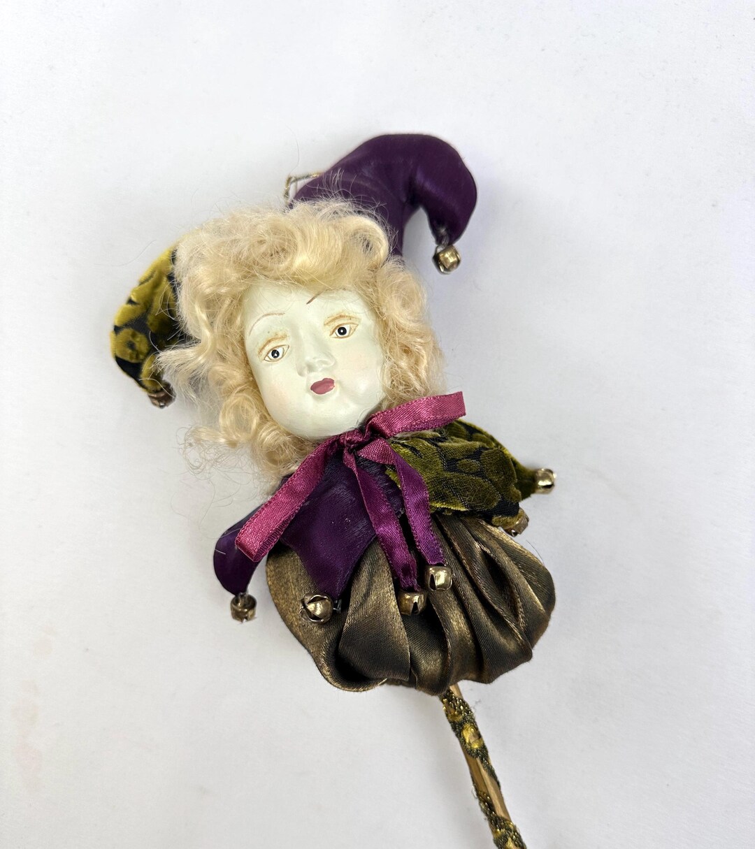 Vintage Jester Doll Head Marotte Stick Ornament - Flemish Fairy Wand 15 ...