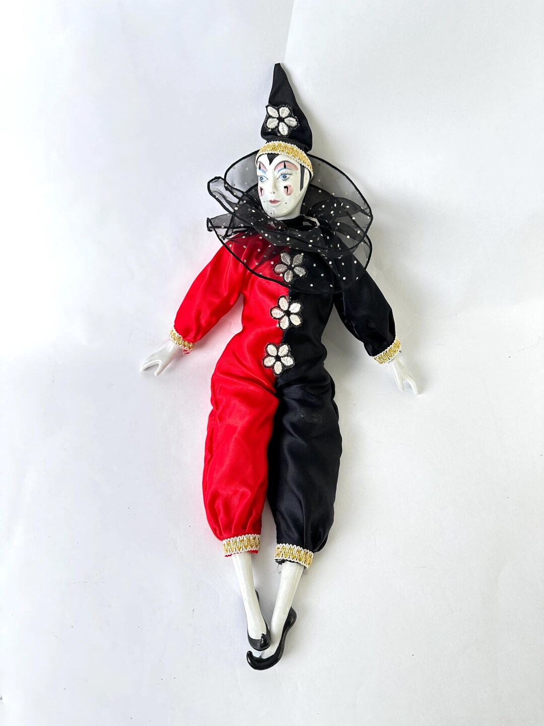 Vintage Pierrot Clown Doll With Porcelain Face, Hands & Feet – Red and ...
