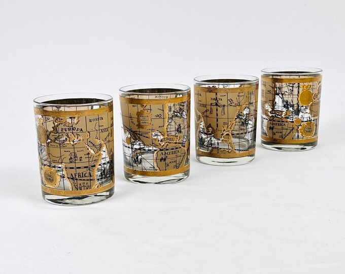 Vintage Cera Double Old Fashioned "maps" Glasses- Set of 4 - 22kt Gold ...