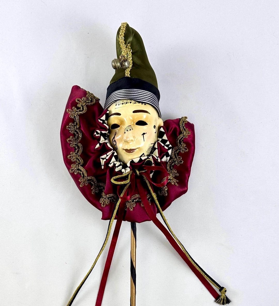 Vintage Wayne Kleski Jester Stick Ornament – Handcrafted Harlequin Mask ...