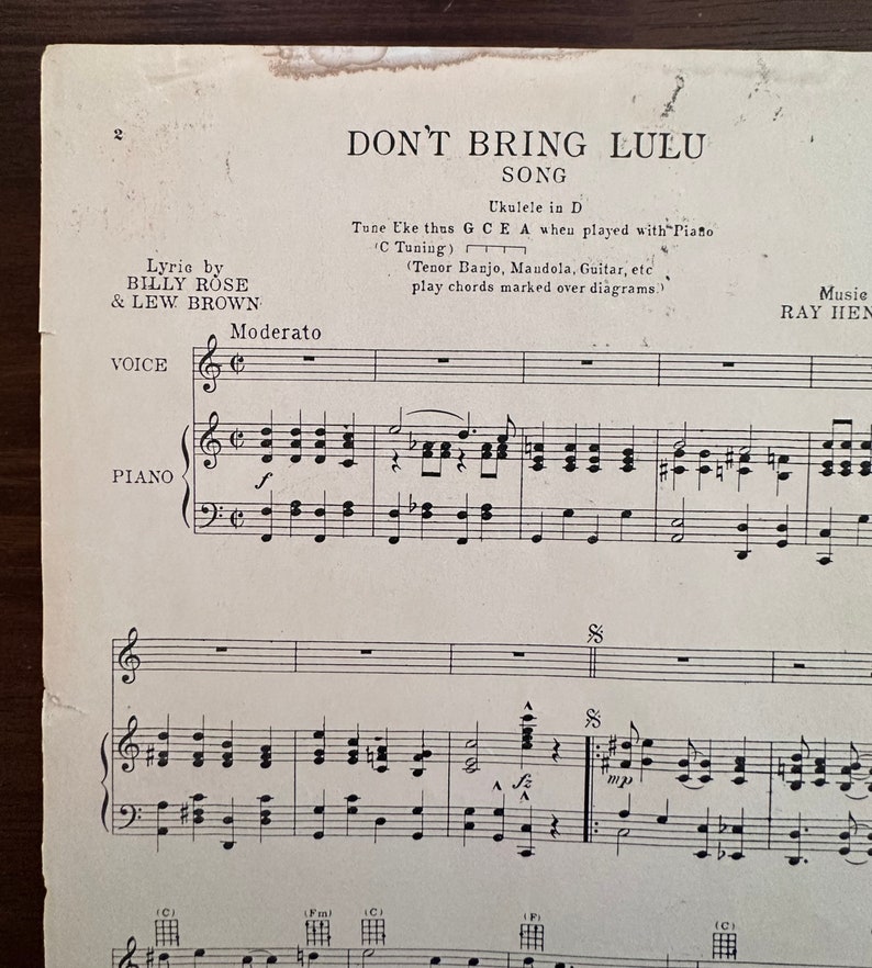 Antique Sheet Music 1925 Dont Bring Lulu Song and Ukelele - Etsy