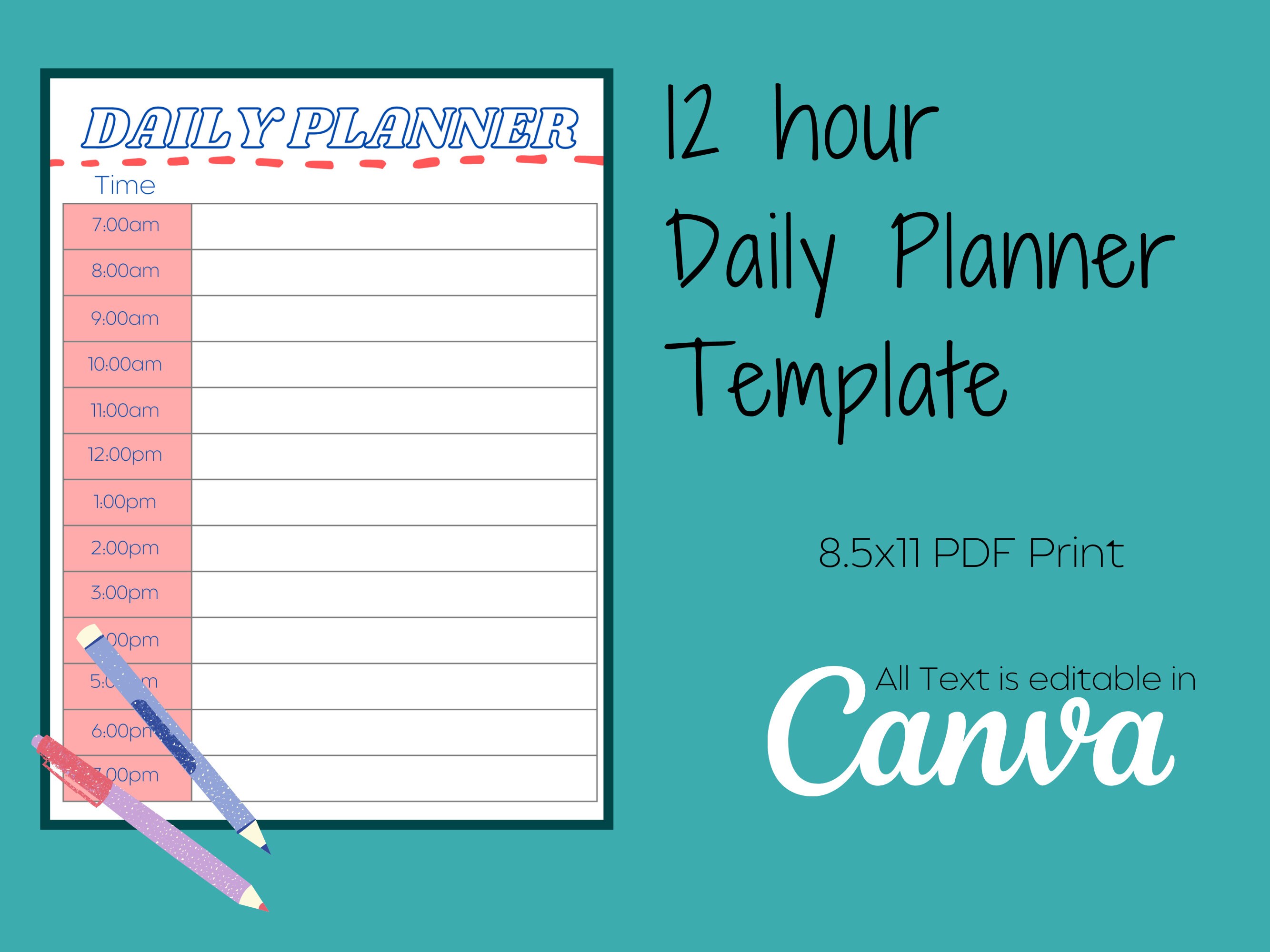 12 Hour Daily Planner Template, Editable 12 Hour Planner, Daily Planner ...