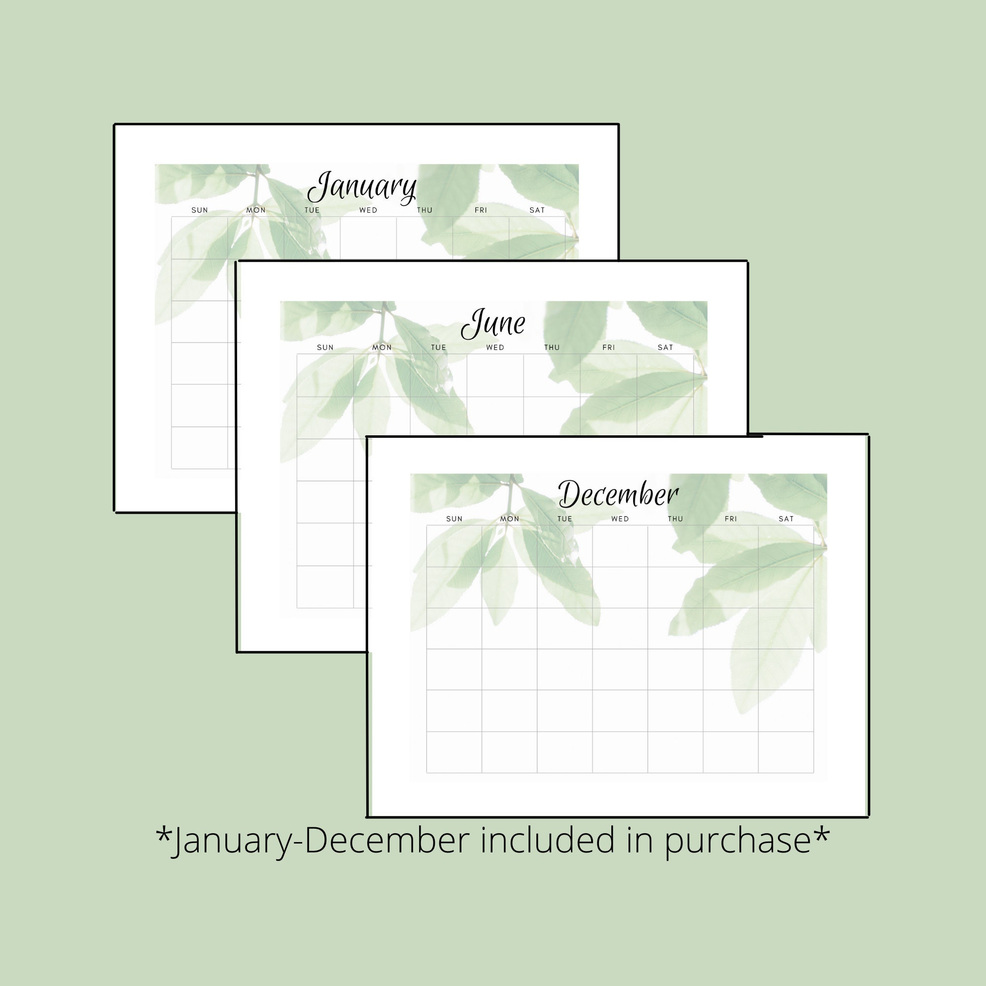 Printable 12 Month Calendar, Blank Monthly Calendar, Green Leafy ...