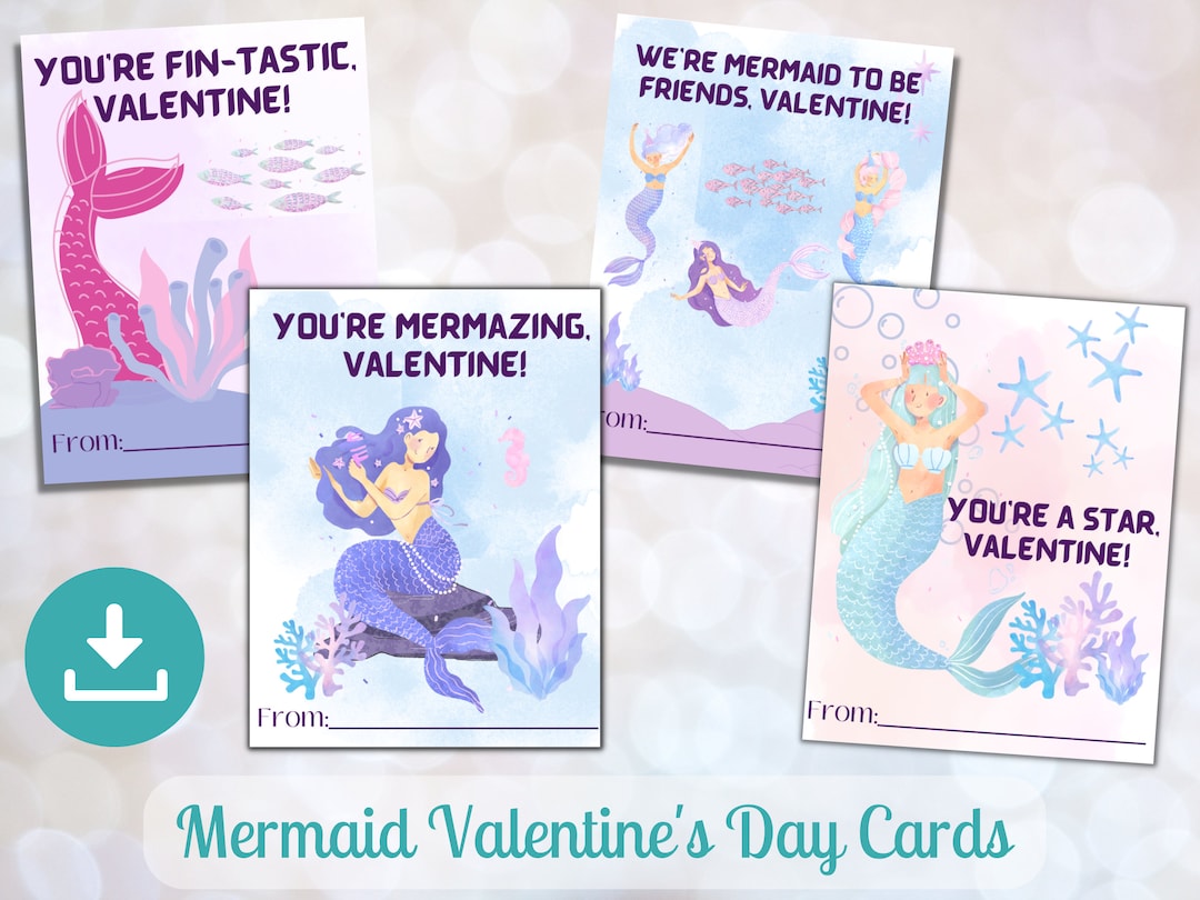 Mermaid Valentine Card Printable, Mermaid Valentine's Day Cards, Kids ...
