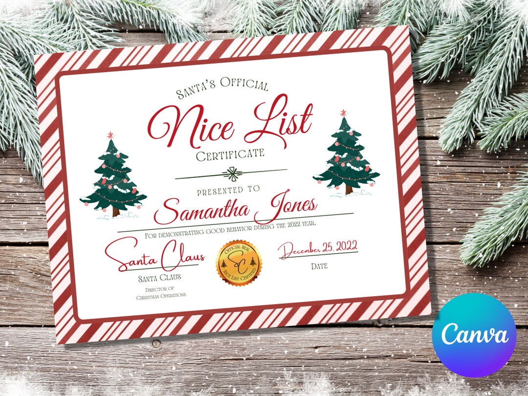 Editable Nice List Certificate, Santa Claus Official Nice List ...