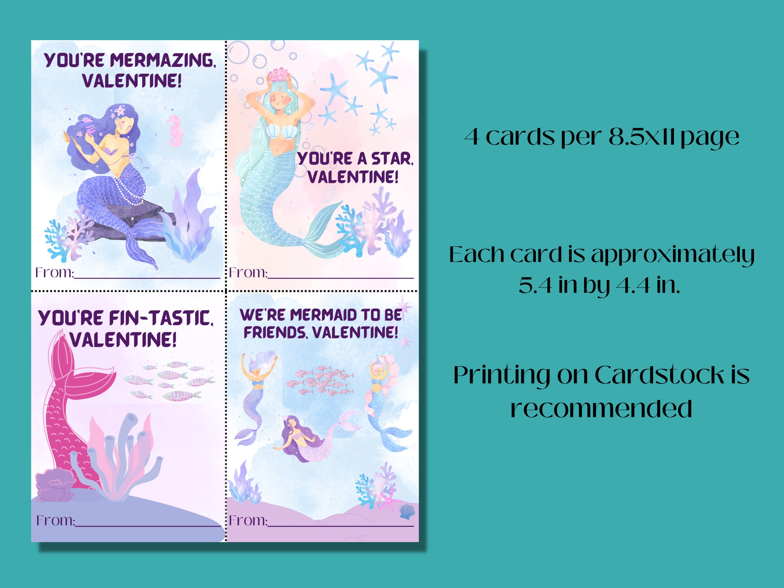 Mermaid Valentine Card Printable, Mermaid Valentine's Day Cards, Kids ...