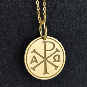 14k Solid Gold Chi Rho Necklace, Alpha Omega Pendant, Greek Orthodox ...