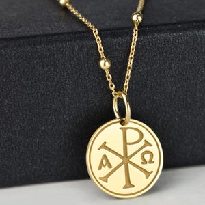 14k Solid Gold Chi Rho Necklace, Alpha Omega Pendant, Greek Orthodox ...
