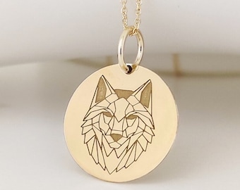 Gold Solid 14K Real Gold Wolf Necklace, Geometric Wolf Disc Pendant ...