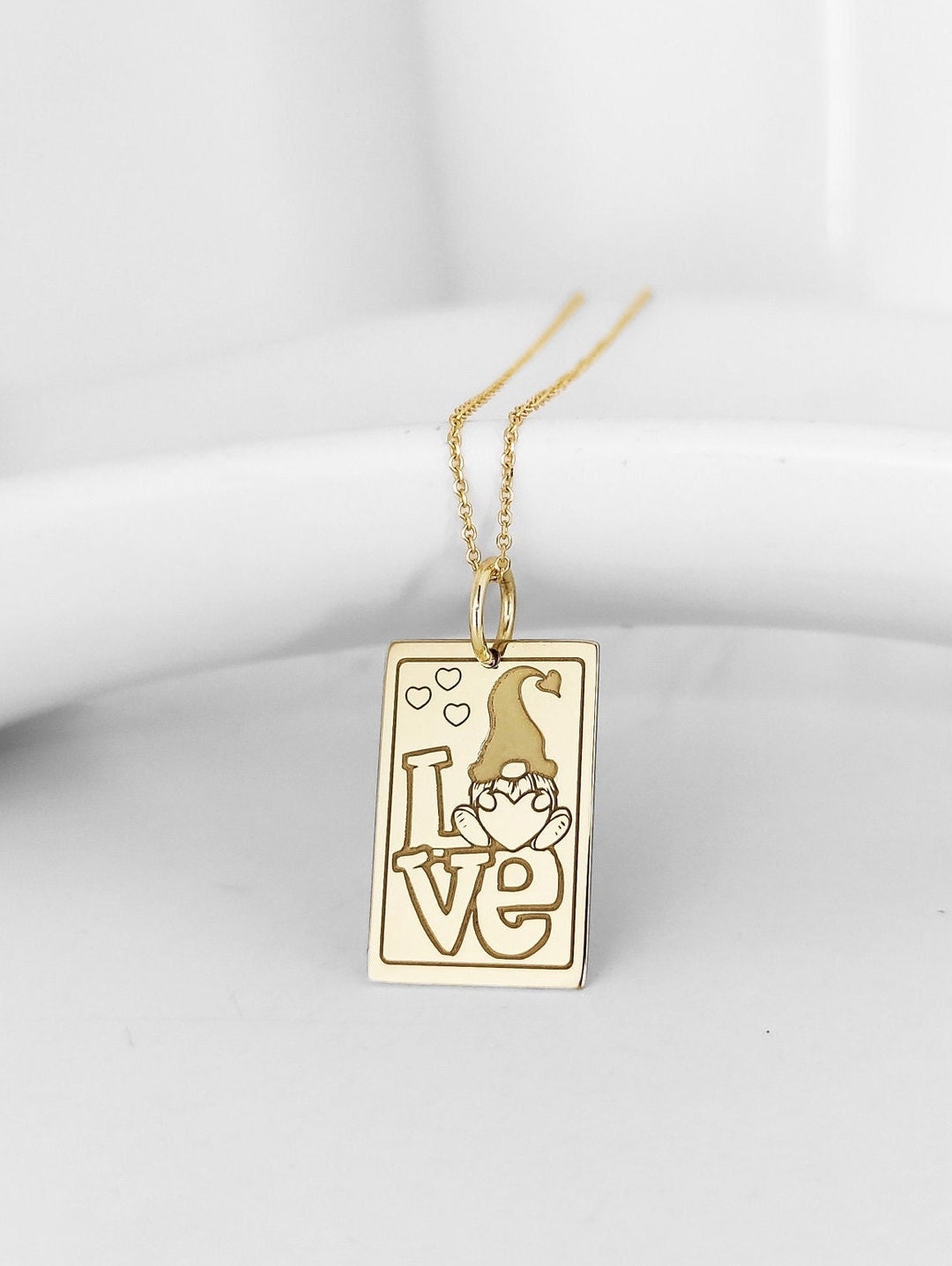 14K Solid Gold Love Gnome Pendant, Garden Gnome Necklace, Personalized ...