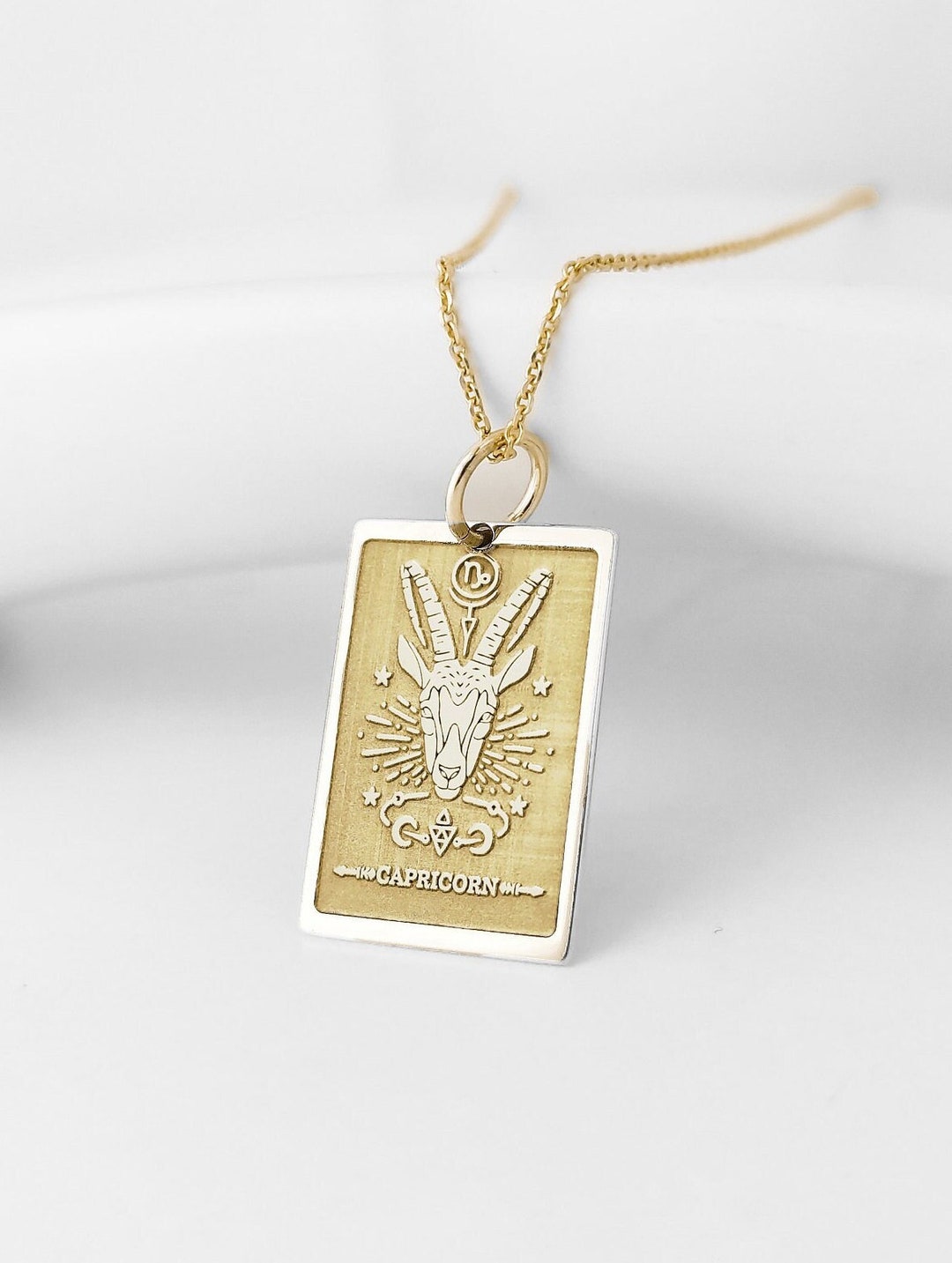 14K Real Solid Gold Capricorn Zodiac Sign Tarot Card Necklace ...