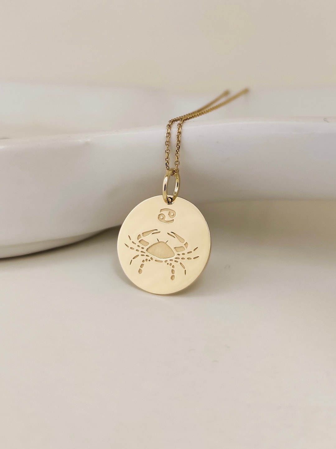 14K Gold Cancer Necklace, Zodiac Sign Pendant, July Zodiac Necklace ...