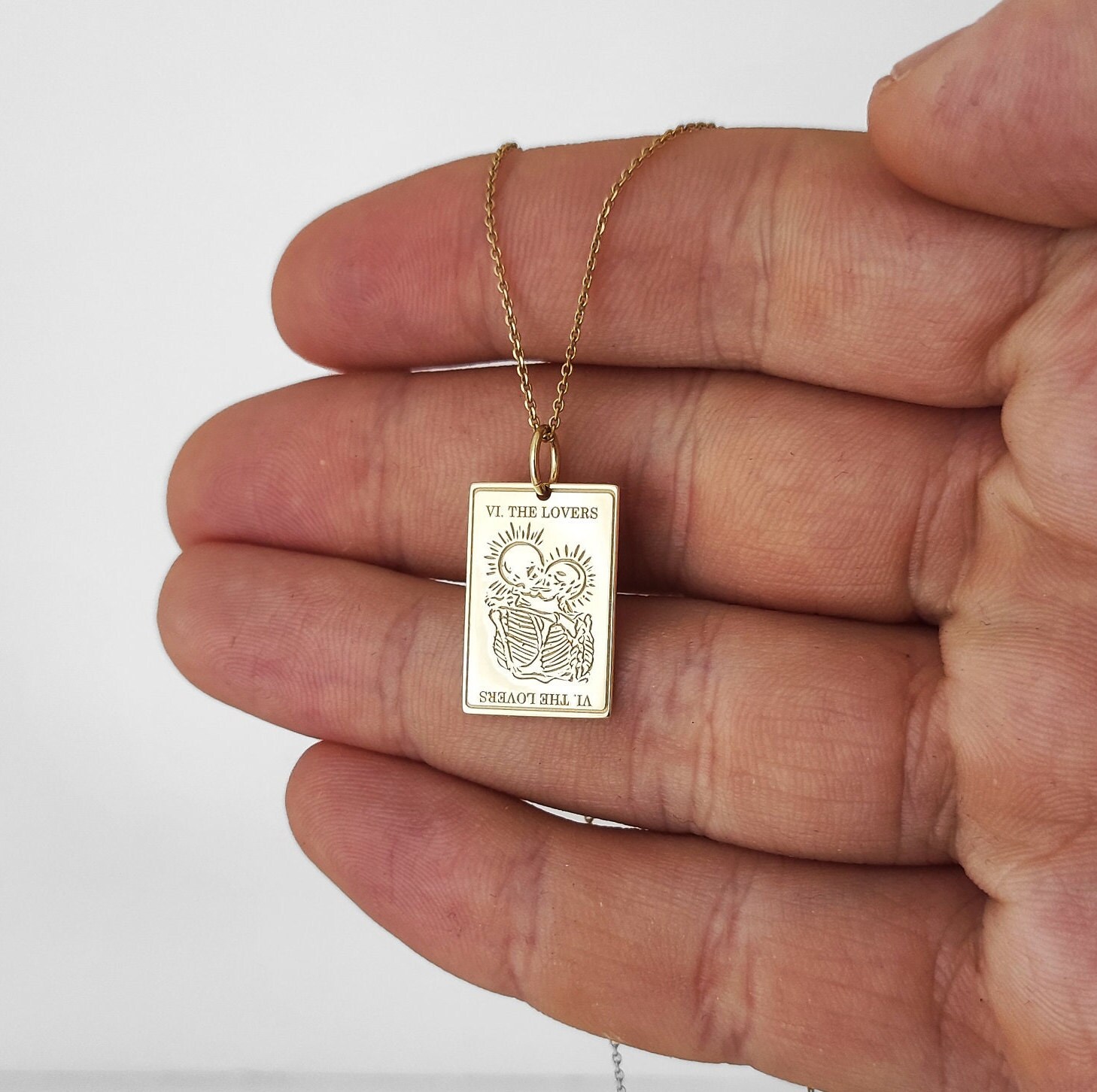 14K Solid Real Gold Lovers Tard Card Necklace, Tarot Reading Jewelry ...