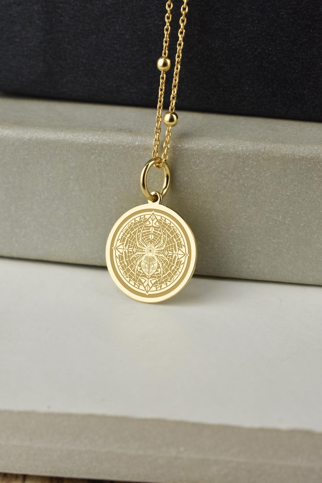 14K Solid Gold Spider Necklace, Elegant Gothic Charm, Engraved Insect ...