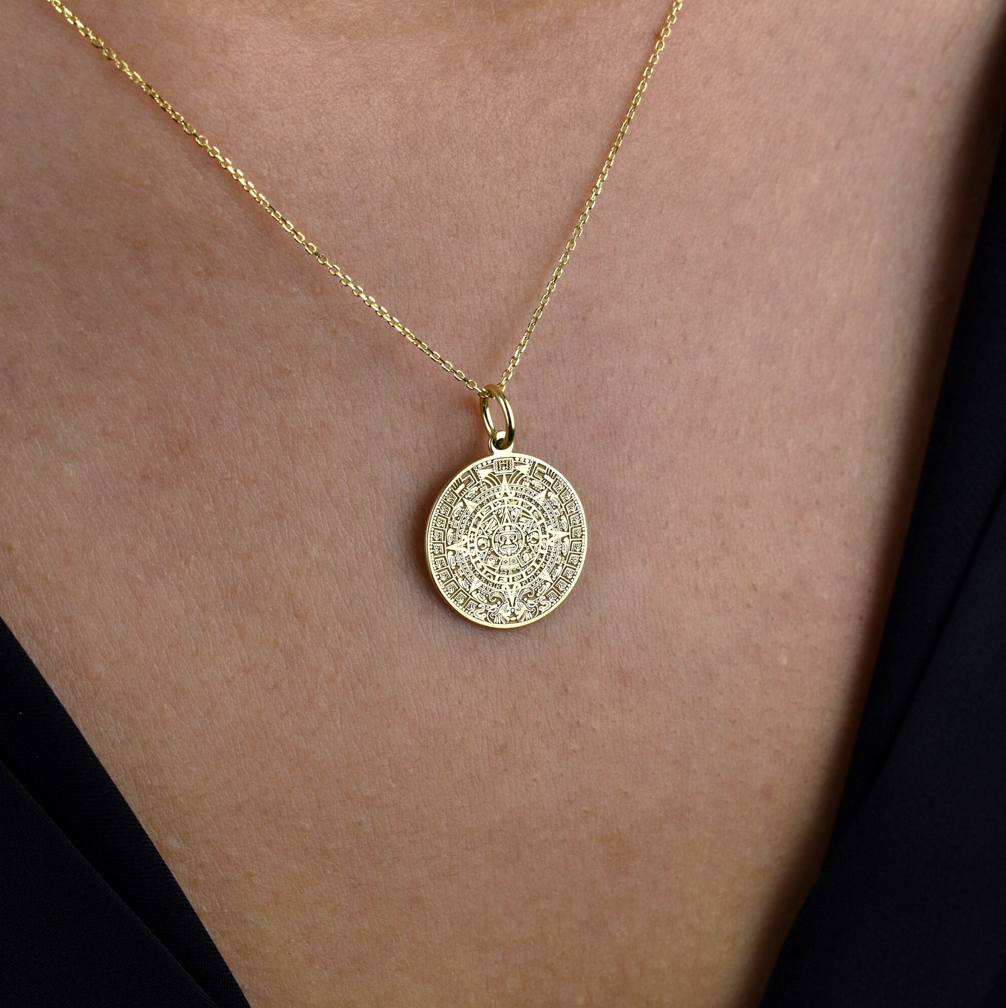 14K Real Gold Mayan Calendar Necklace, Gold Aztec Calendar Coin ...