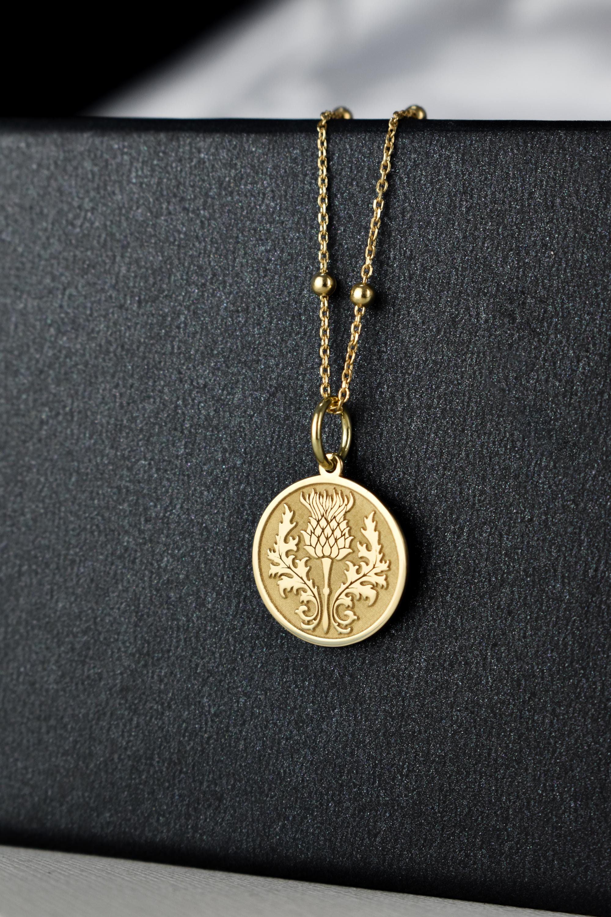 14K Solid Gold Thistle Necklace, Personalized Scottish Thistle Pendant ...