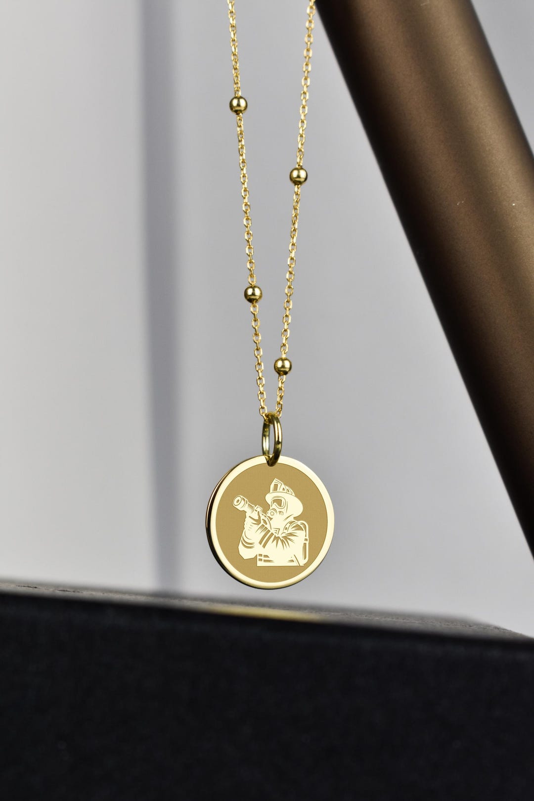 14K Solid Gold Firefighter Necklace, Thin Red Line Charm, Custom Fire ...