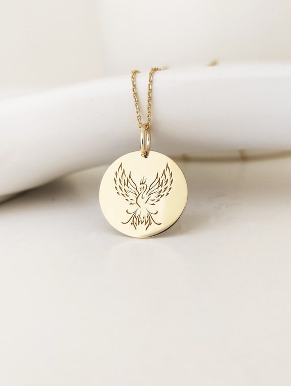 14K Real Solid Gold Phoenix Necklace Dainty Gold Phoenix Disc - Etsy