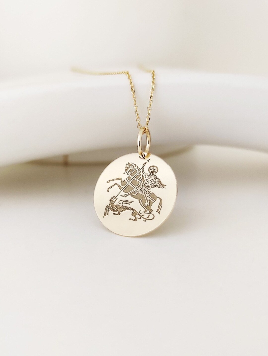 14K Solid Real Gold Saint George Necklace, Greek Saint George Coin ...