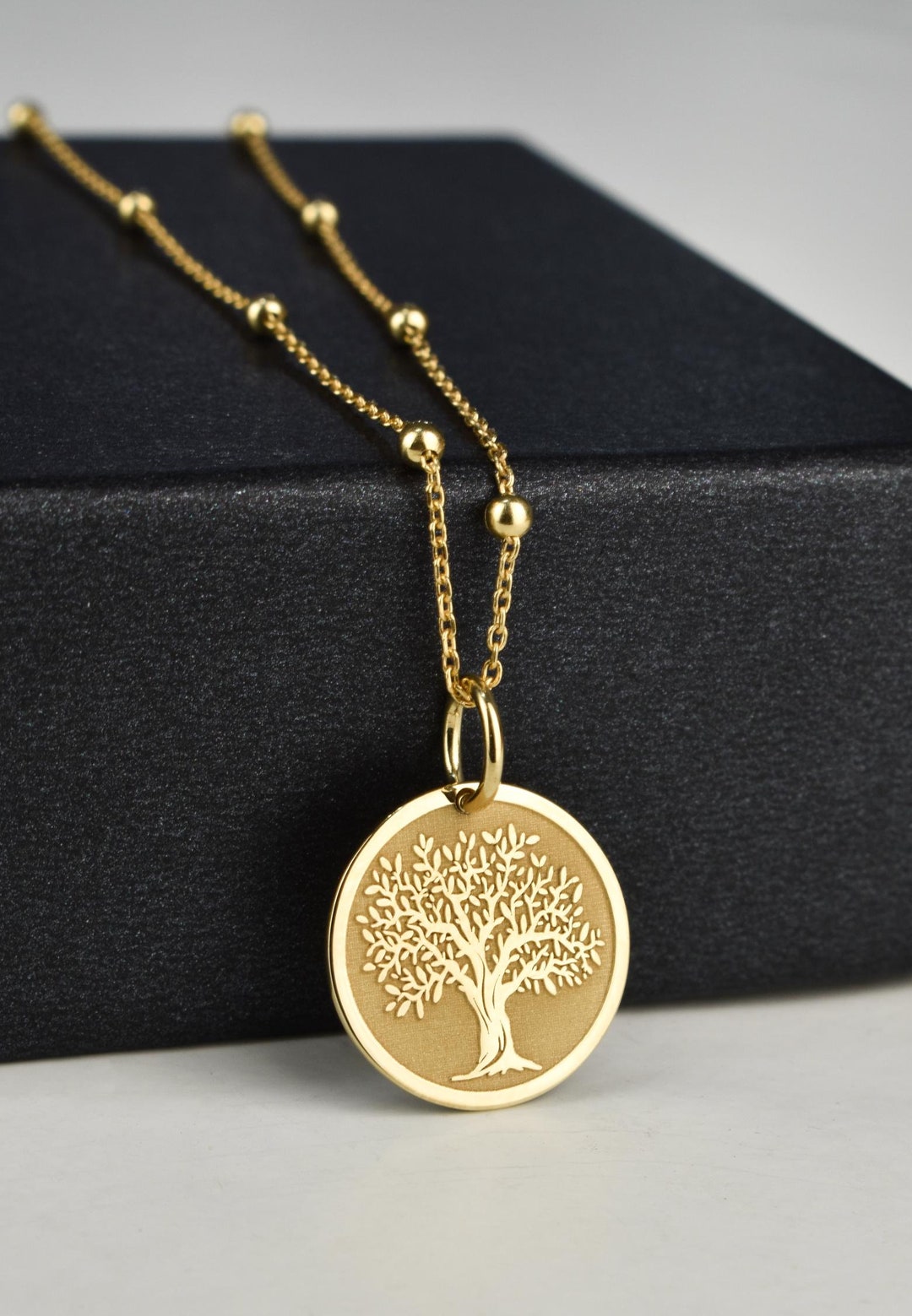14K Solid Gold Tree of Life Necklace, Dainty Tree Pendant, Personalized ...