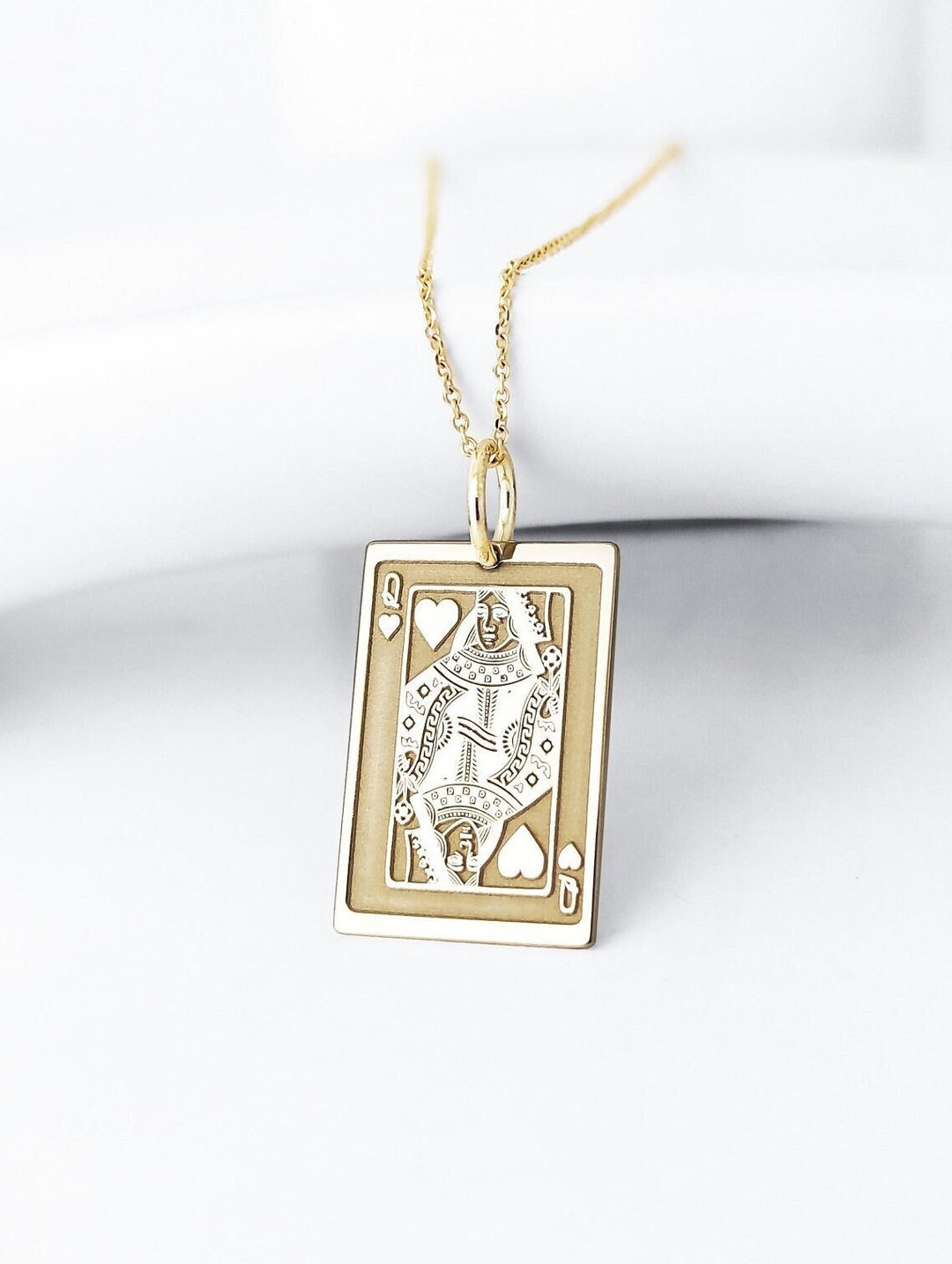 14K Solid Gold Queen of Hearts Card Pendant, Dainty Playing Card Charm ...
