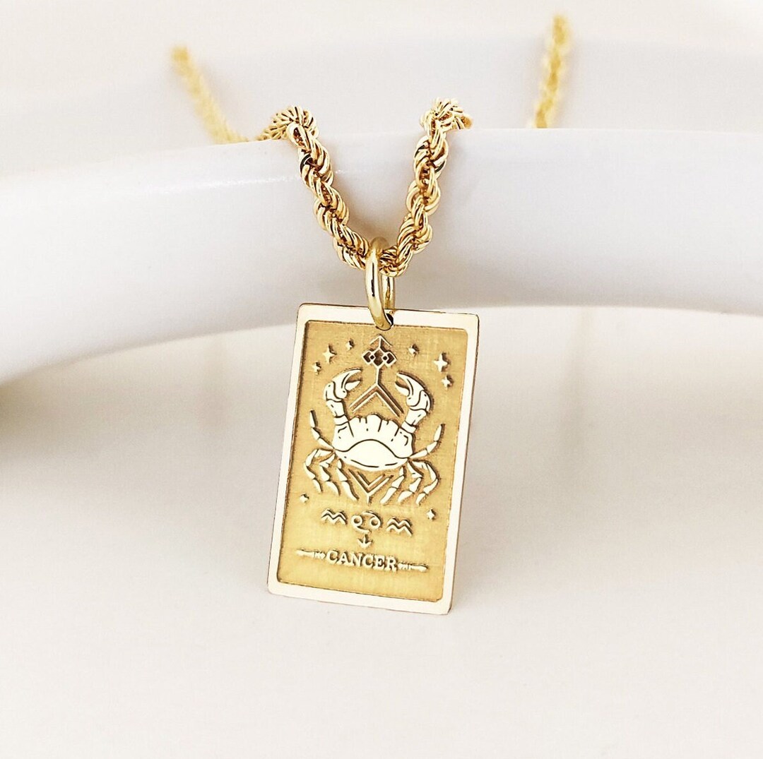 14K Gold Cancer Zodiac Sign Pendant, Gold Rope Chain Necklace ...