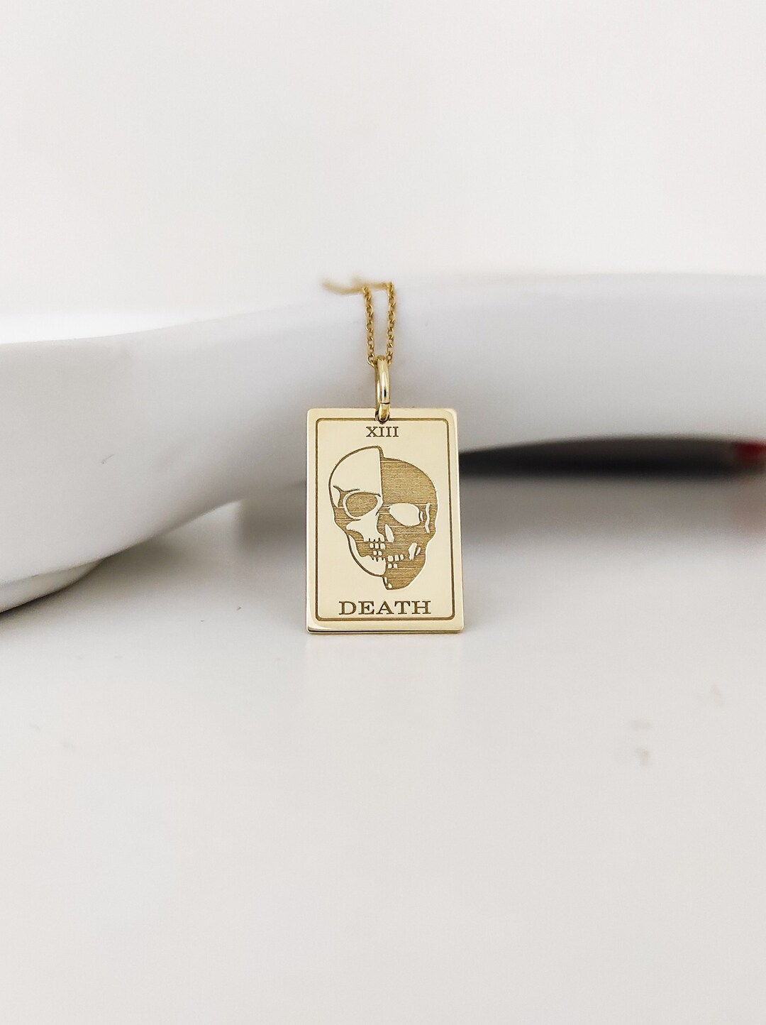 14K Gold the Death Tarot Necklace, Memento Mori Pendant, Engraved Skull ...