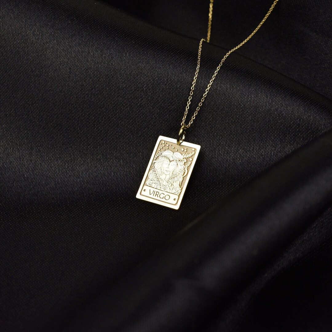 14K Solid Gold Virgo Zodiac Sign Necklace, Dainty Virgo Disc Pendant ...