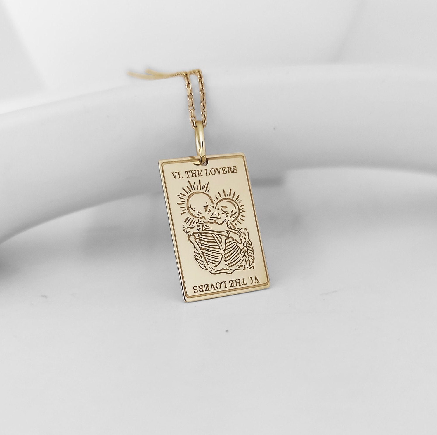 14K Solid Real Gold Lovers Tard Card Necklace, Tarot Reading Jewelry ...
