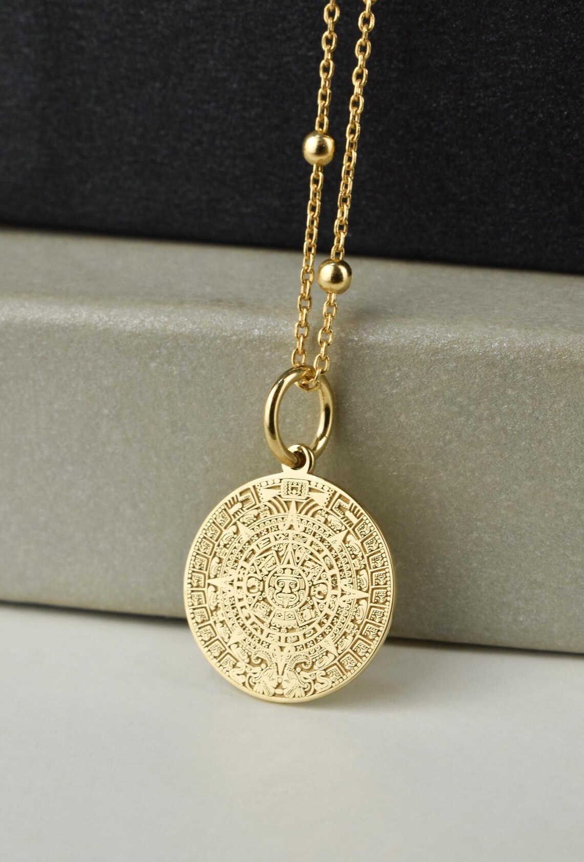 14K Solid Gold Aztec Calendar Necklace, Ancient Mayan Pendant ...