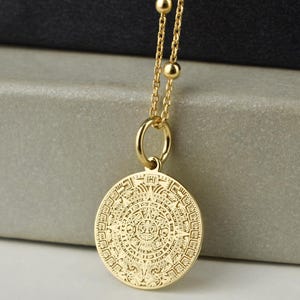 14K Solid Gold Aztec Calendar Necklace, Ancient Mayan Pendant ...