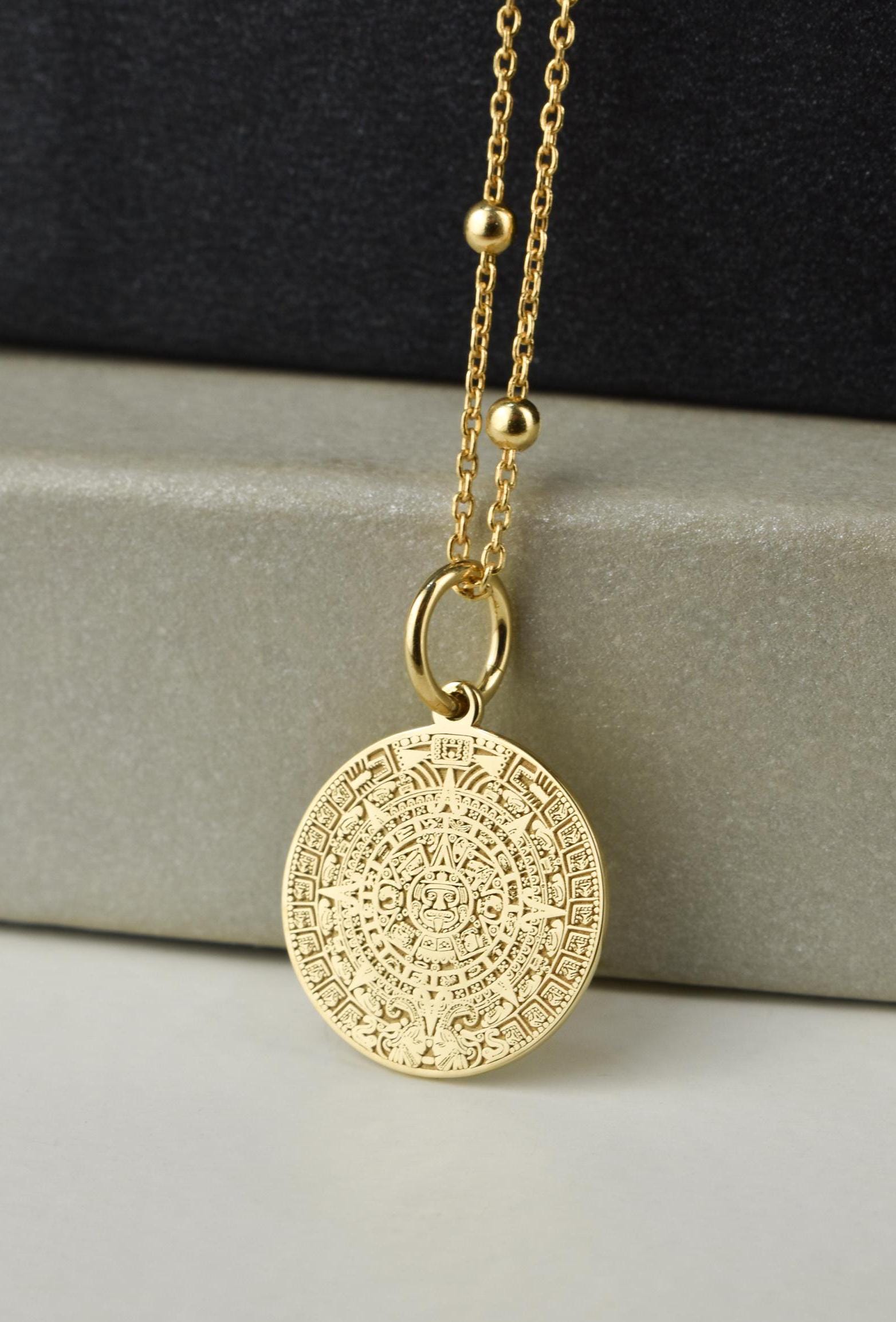14K Solid Gold Aztec Calendar Necklace, Ancient Mayan Pendant ...