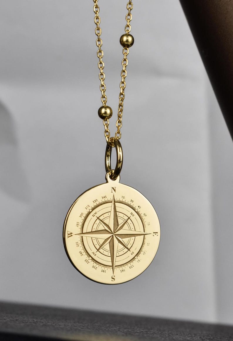 14K Solid Gold Compass Necklace, Compass Rose Coin, Dainty Compass ...
