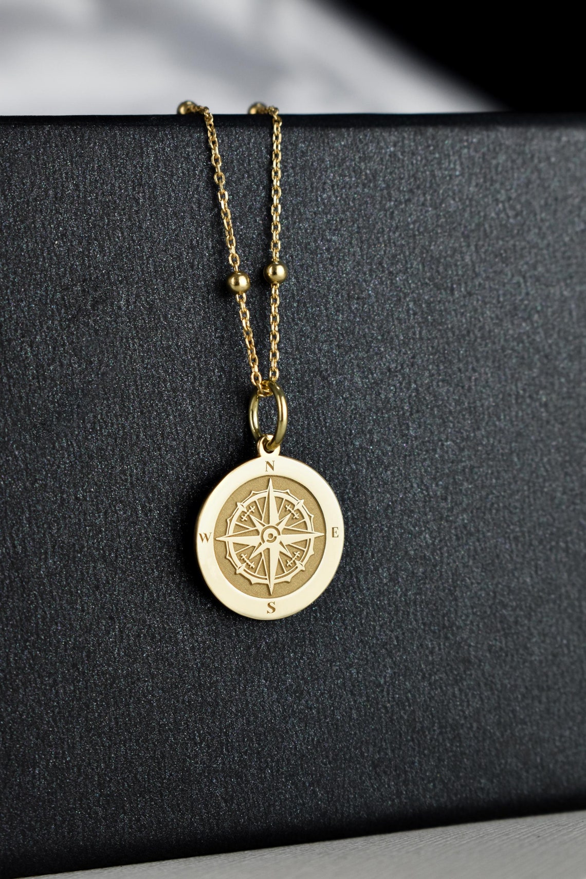 14k Solid Gold Compass Necklace, Personalized North Star Charm, Compass ...