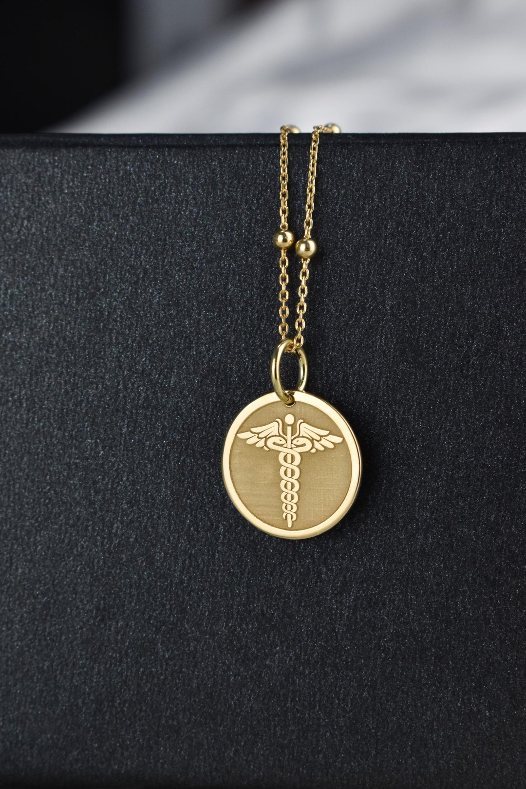 14K Solid Gold Caduceus Necklace, Medical Symbol Medallion ...