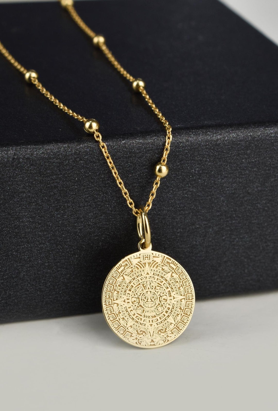 14K Solid Gold Aztec Calendar Necklace, Ancient Mayan Pendant ...
