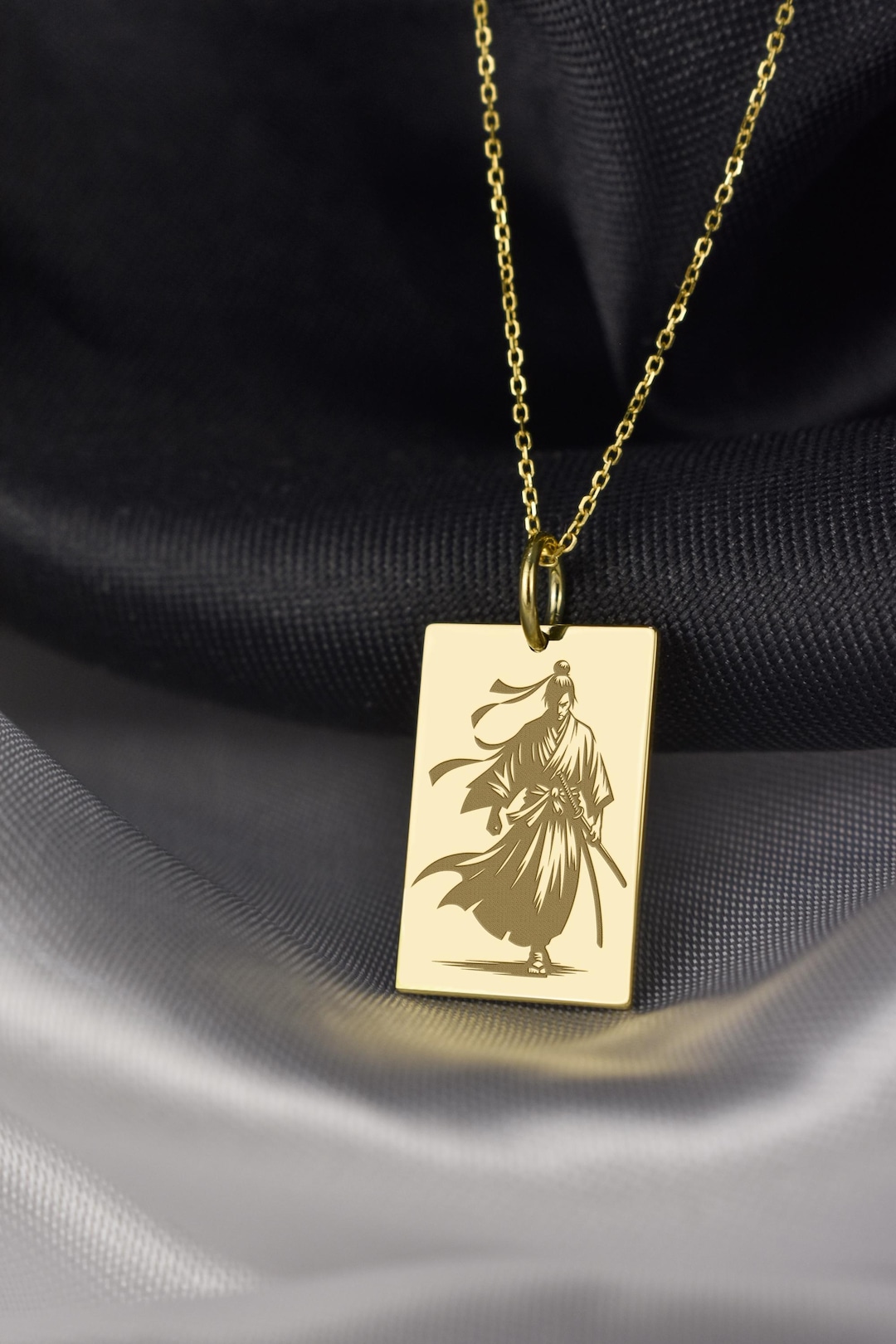 14K Gold Samurai Necklace, Engraved Japanese Charm, Ronin Jewelry ...