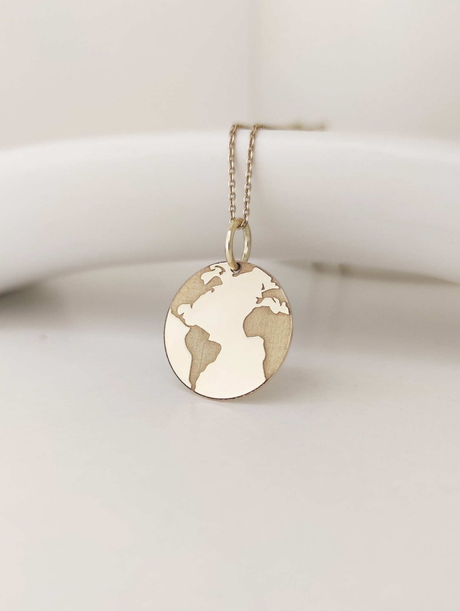 14K Real Solid Gold Earth Necklace, Gold World Map Pendant, Dainty ...