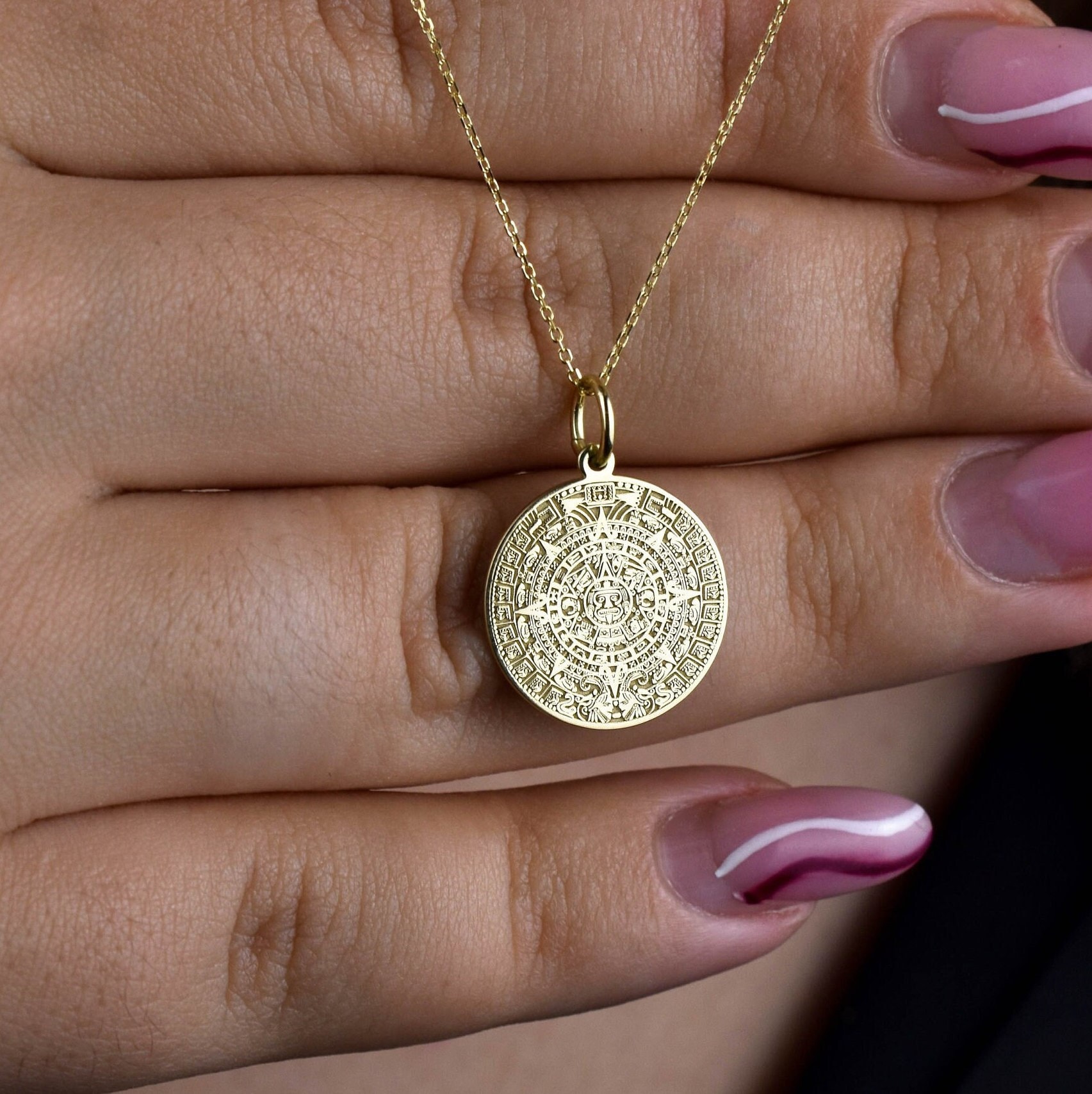 14K Real Gold Mayan Calendar Necklace, Gold Aztec Calendar Coin ...