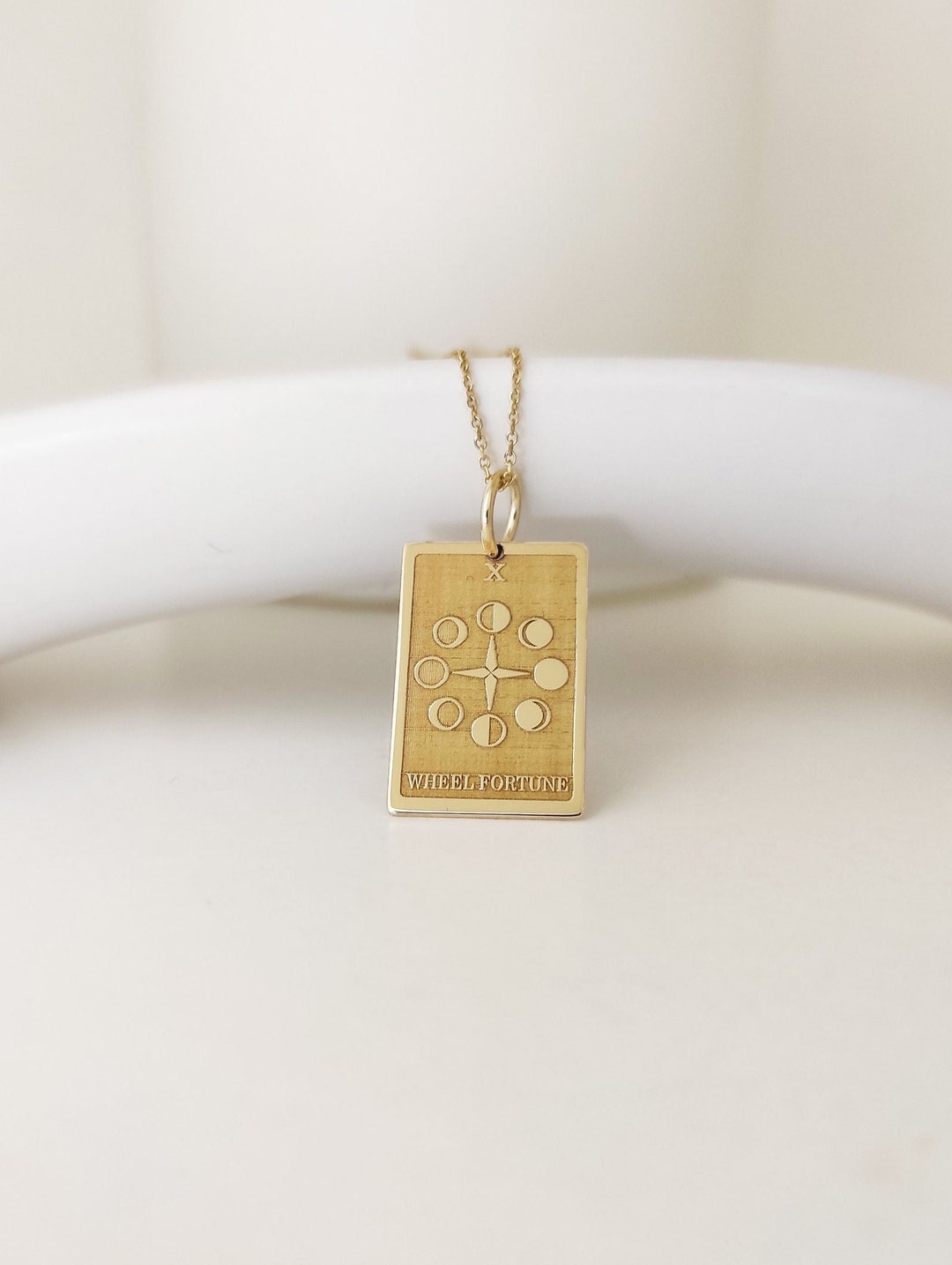 14K Solid Real Gold Wheel of Fortune Tarot Card Necklace, Fortune Wheel ...