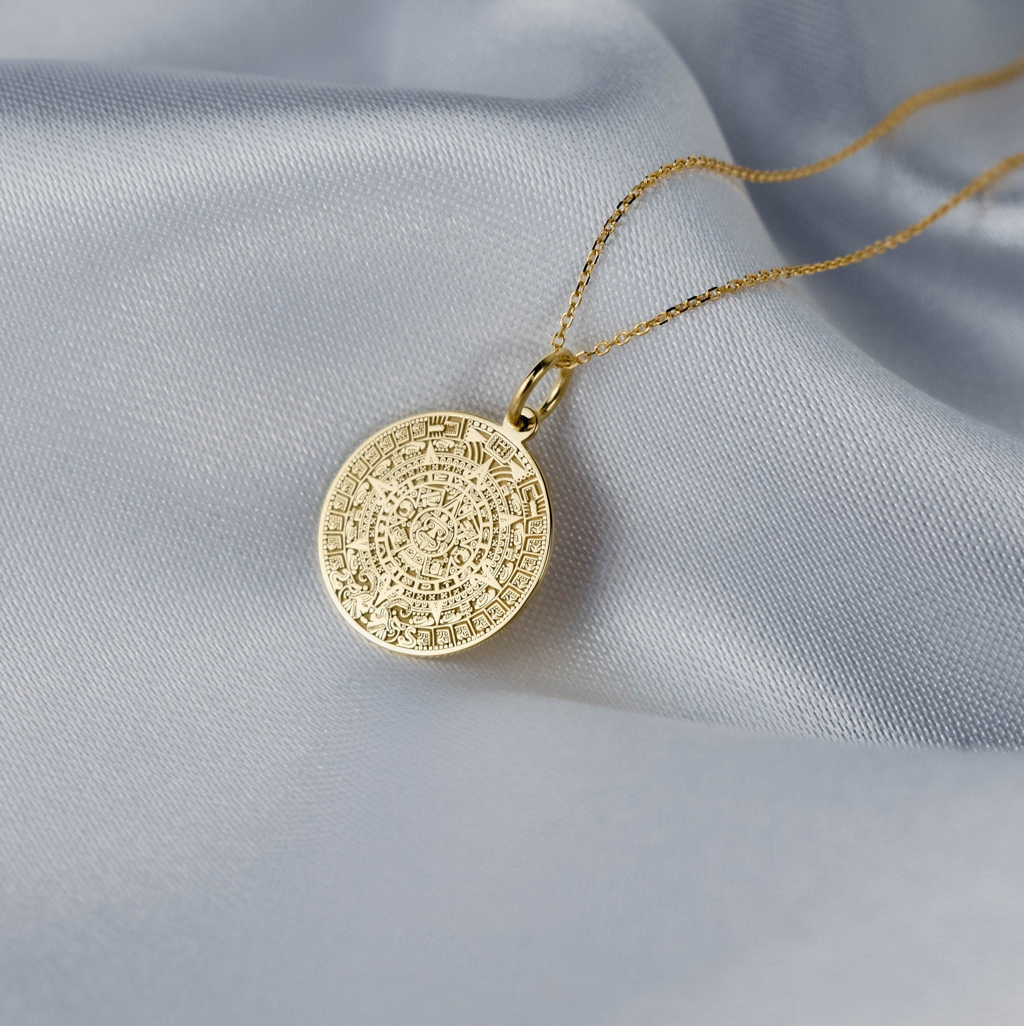 14K Real Gold Mayan Calendar Necklace, Gold Aztec Calendar Coin ...