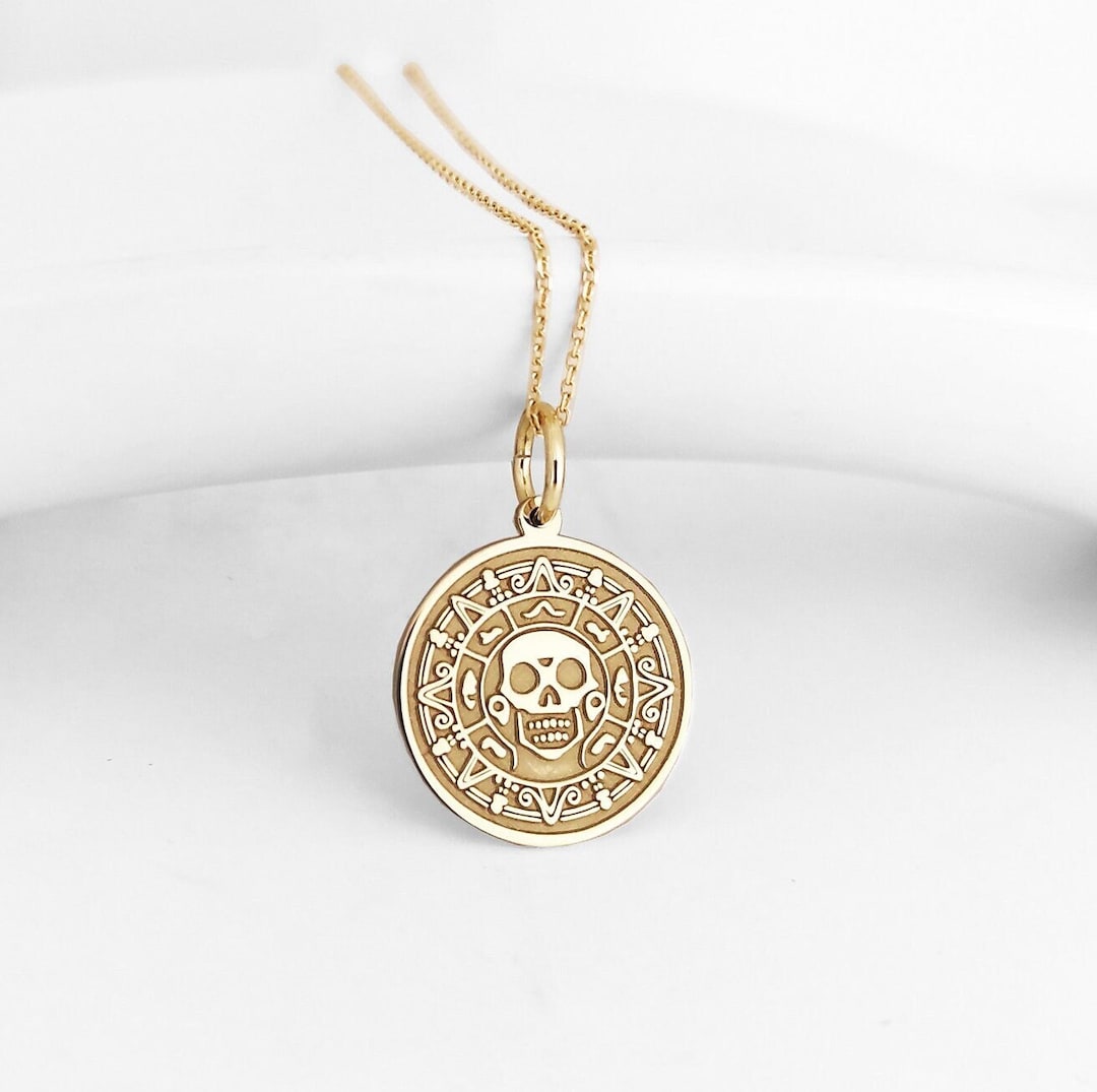 14K Solid Gold Pirate Coin Pendant, Pirates Caribbean Necklace, Dainty ...