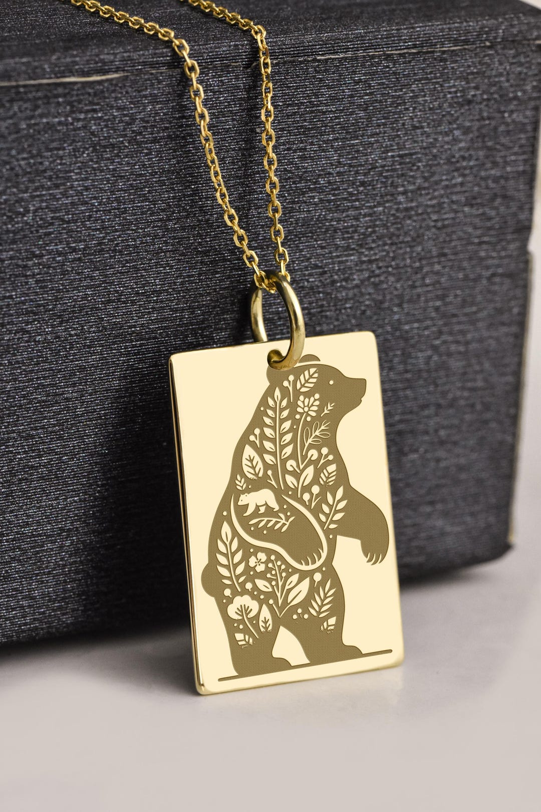 14K Gold Bear Necklace, Custom Cute Grizzly Pendant, Engraved Woodland ...