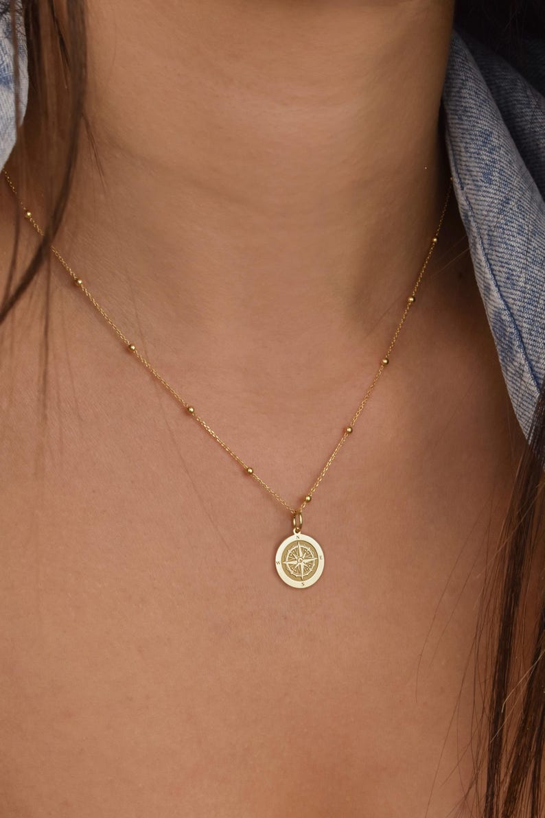 14k Solid Gold Compass Necklace, Personalized North Star Charm, Compass ...