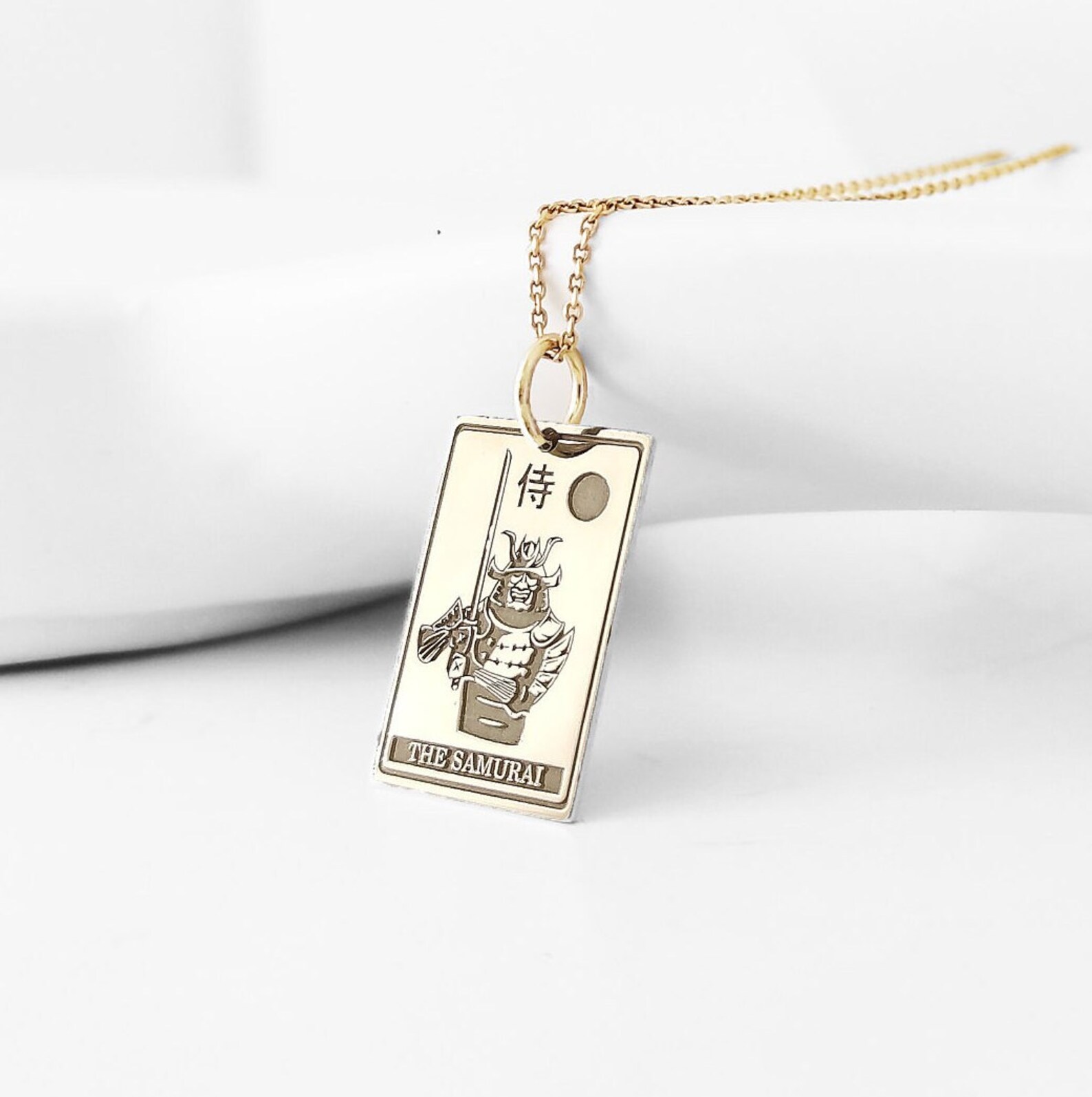 14K Solid Gold Samurai Tarot Card Necklace, Real Gold Samurai Japanese ...