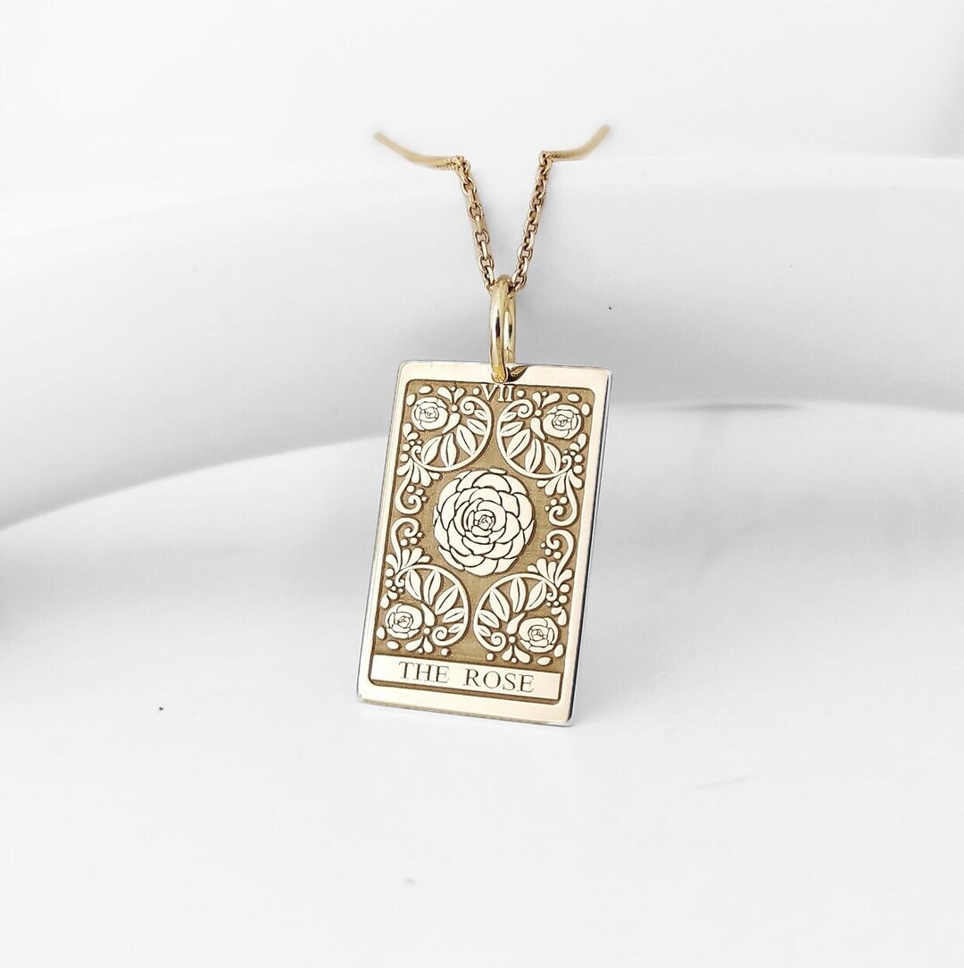 14K Solid Real Gold Rose Tard Card Necklace, Flower Tarot Reading ...