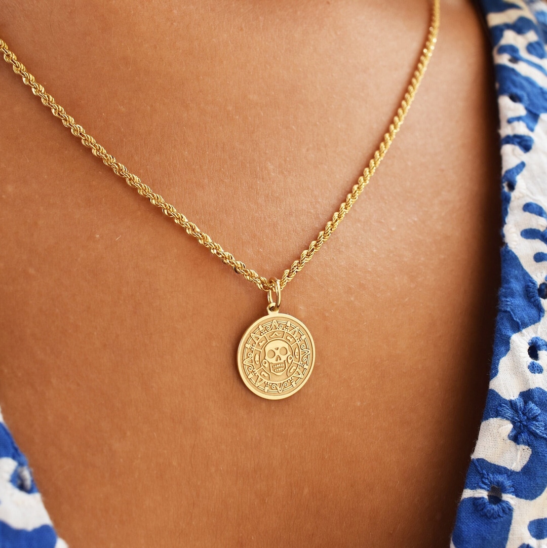 14K Gold Pirate Coin Rope Chain Necklace, Cursed Aztec Charm, Caribbean ...